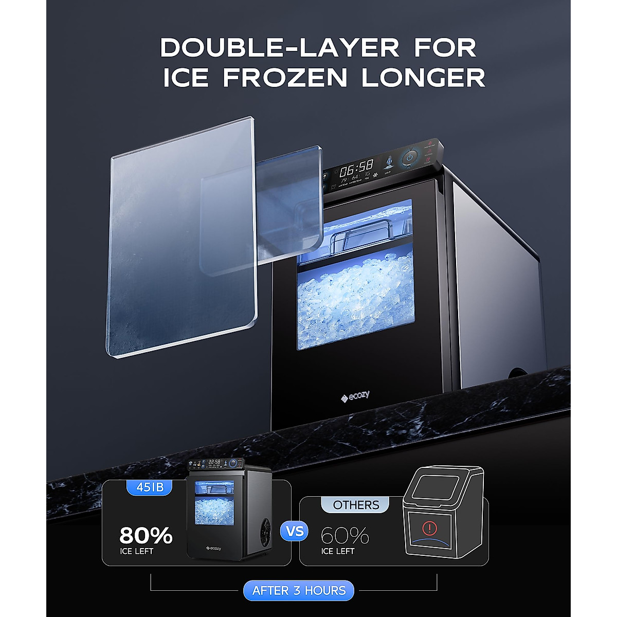 ecozy Smart Nugget Ice Maker Countertop, First Full-Color Smart Panel Ice Machine with APP Control, Double-Layer Insulation, 44 lbs/24H Soft Pellet Chewable Ice, Pull-Out Water Tank, Self-Cleaning