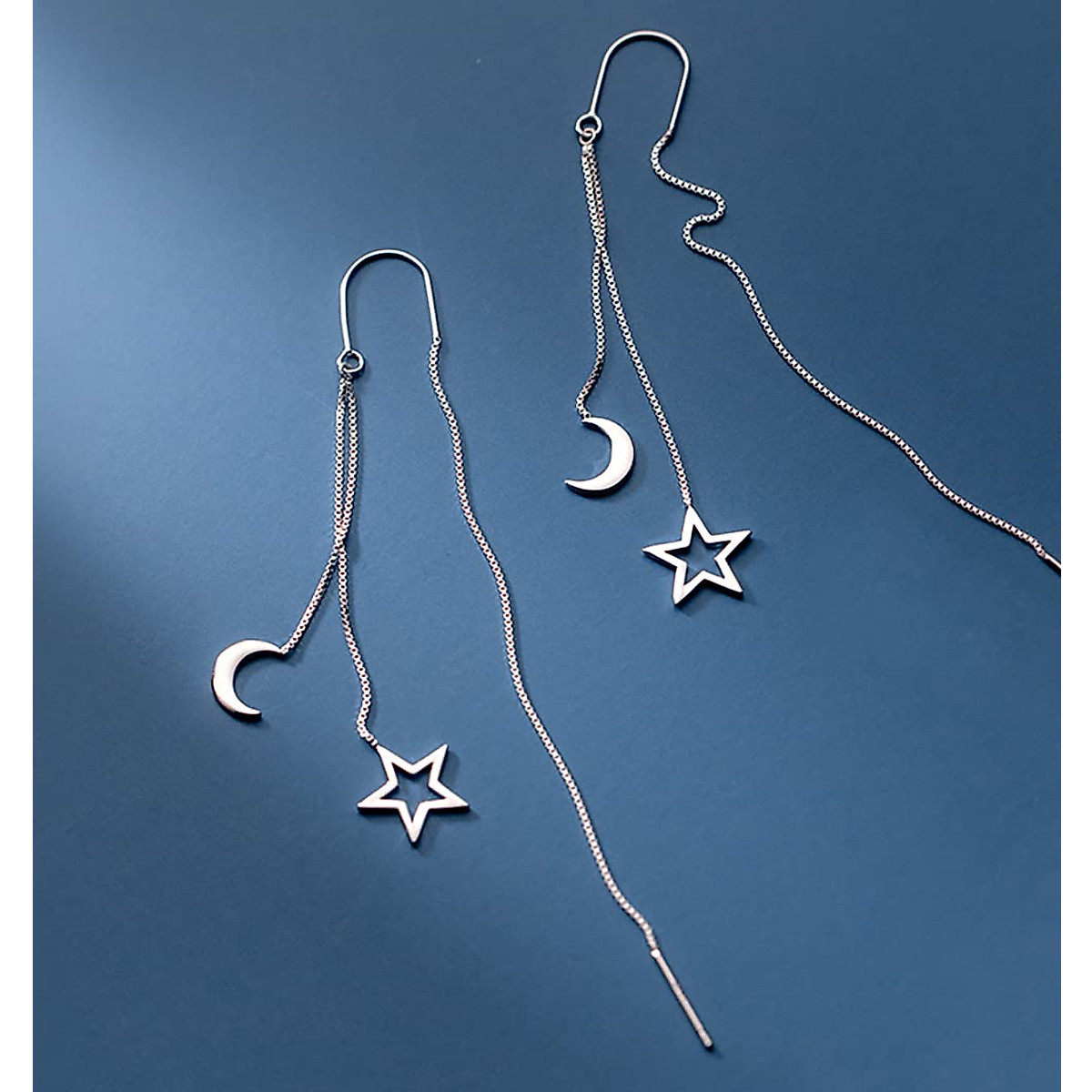Reffeer Solid 925 Sterling Silver Moon Star Threader Dangle Earrings Chain for Women Teen Girls Long Dangle Earrings Tassel Chain (A-Silver)