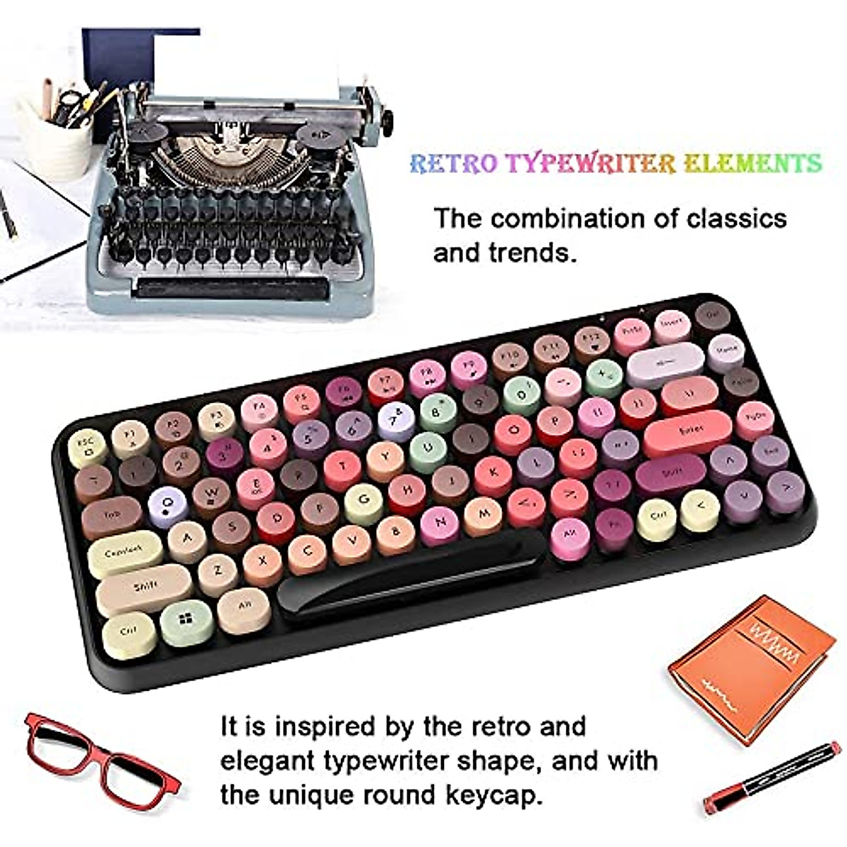 FELICON Multi-Device Wireless Bluetooth Keyboard,Mini 84-Key Retro Round Keycaps Wireless Bluetooth Keyboard, Ergonomic Design Compatible with PC, Computer, Laptop