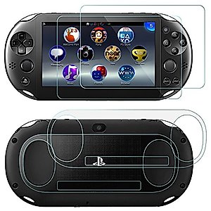 AFUNTA Screen Protectors Compatible Sony PlayStation Vita 2000 with Back Covers, 2 Pack (4 Pcs) Tempered Glass for Front Screen and HD Clear PET Film Compatible The Back, PS Vita PSV 2000