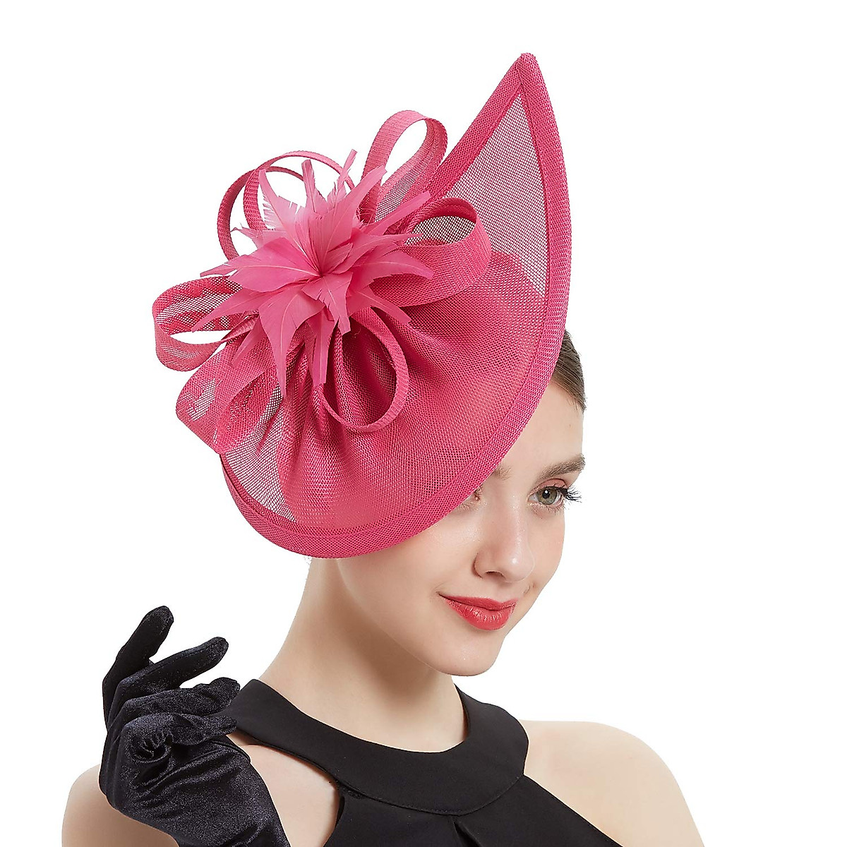 Bubbmi Sinamay Fascinator Hat with Top Flower, Women Feather Pillbox Headwear, Church Wedding Derby Cocktail Tea Party Headpiece(C hot Pink)