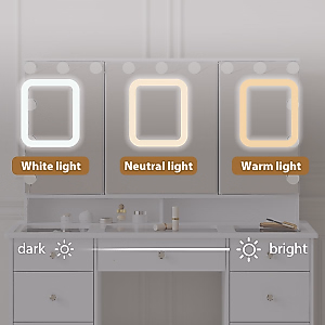 ROMSHINE Large Vanity Desk with Trifold Mirrors & Hollywood Bulbs, 43.3" W Glass Top Makeup Vanity with Lights in 3 Color Modes & Brightness Adjustable, Makeup Desk with 9 Drawers for Storage, White