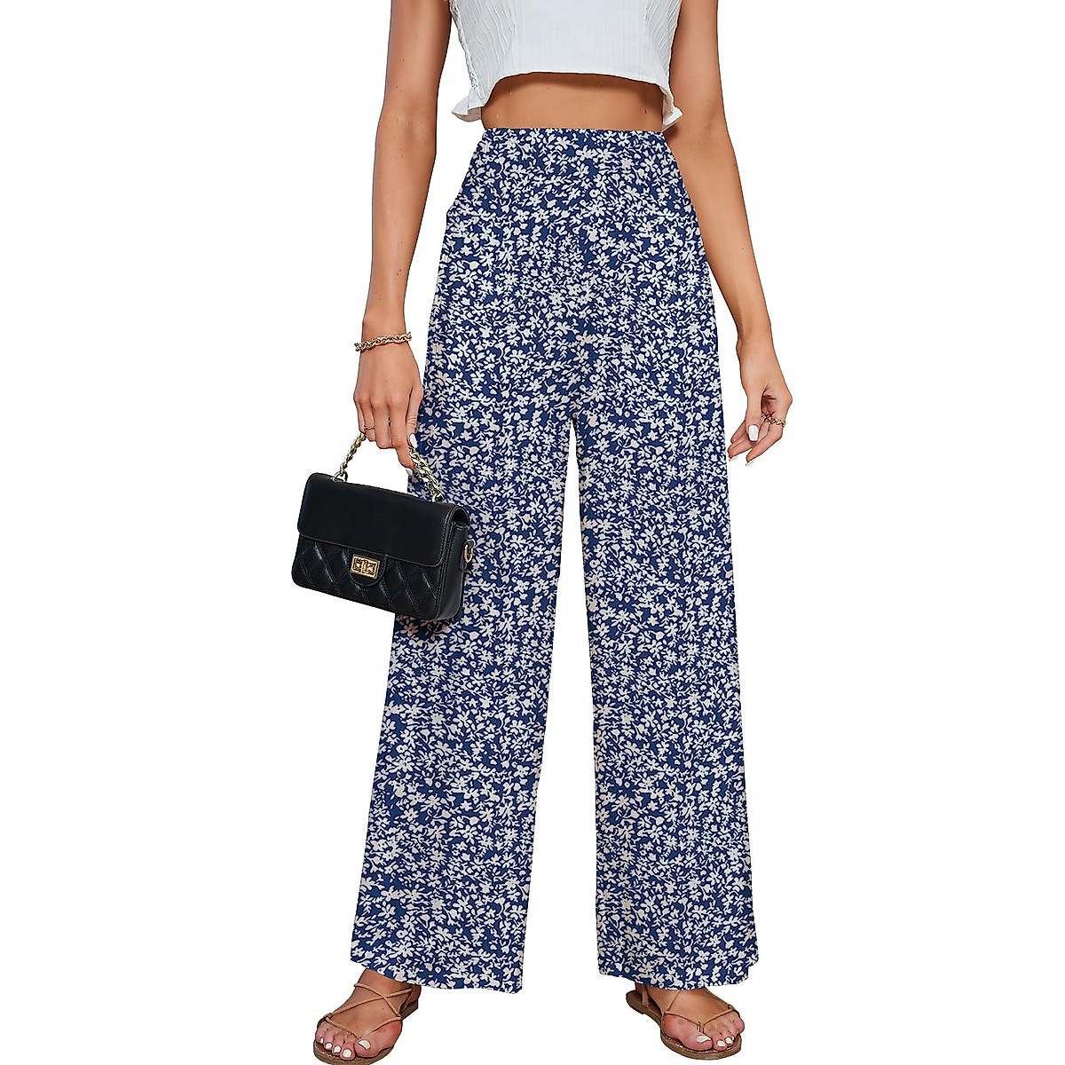 JASPAL Women Casual High Waisted Palazzo Pants Wide Leg Long Lounge Trendy Trousers with Pocket-XL-Blue White Flower
