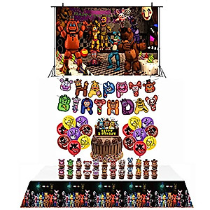 Birthday Party Supplies, Five Nights at Freddy Includes Banner, Tablecloth, Cake Topper - 24 Cupcake Toppers - 20 Balloons and Backdrop