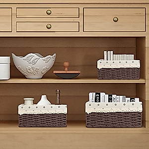 Storage Baskets for Shelves, Handmade Imitation Wicker Storage Baskets Set of 3 Stackable Woven Baskets for Storage with Removable Cotton Liner for Toilet Countertop Bedroom Livingroom Office Rectangle Decorative Storage Bins (Brown