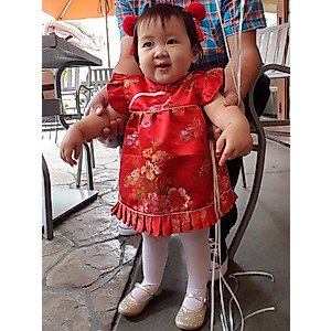 Geyoga Baby Qipao Girls Chinese New Year Sleeveless Dress with Chinese Style Tassel Hair Clips and Velvet Baby Stockings (2-3 Years) Red, White