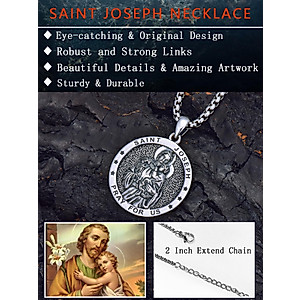 Seiyang St Joseph Necklace for Men 925 Sterling Silver Saint Joseph Medal Pendant Patron Amulet Joseph Medallion Jewelry Protection Gift for Women Father Son