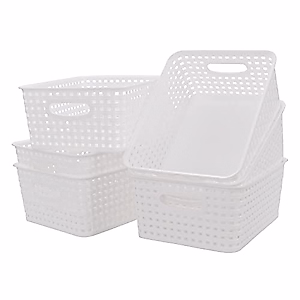 Saedy 6 Packs Plastic Weave Pantry Storage Baskets Bin, 10.03" x 7.59" x 4.09", White