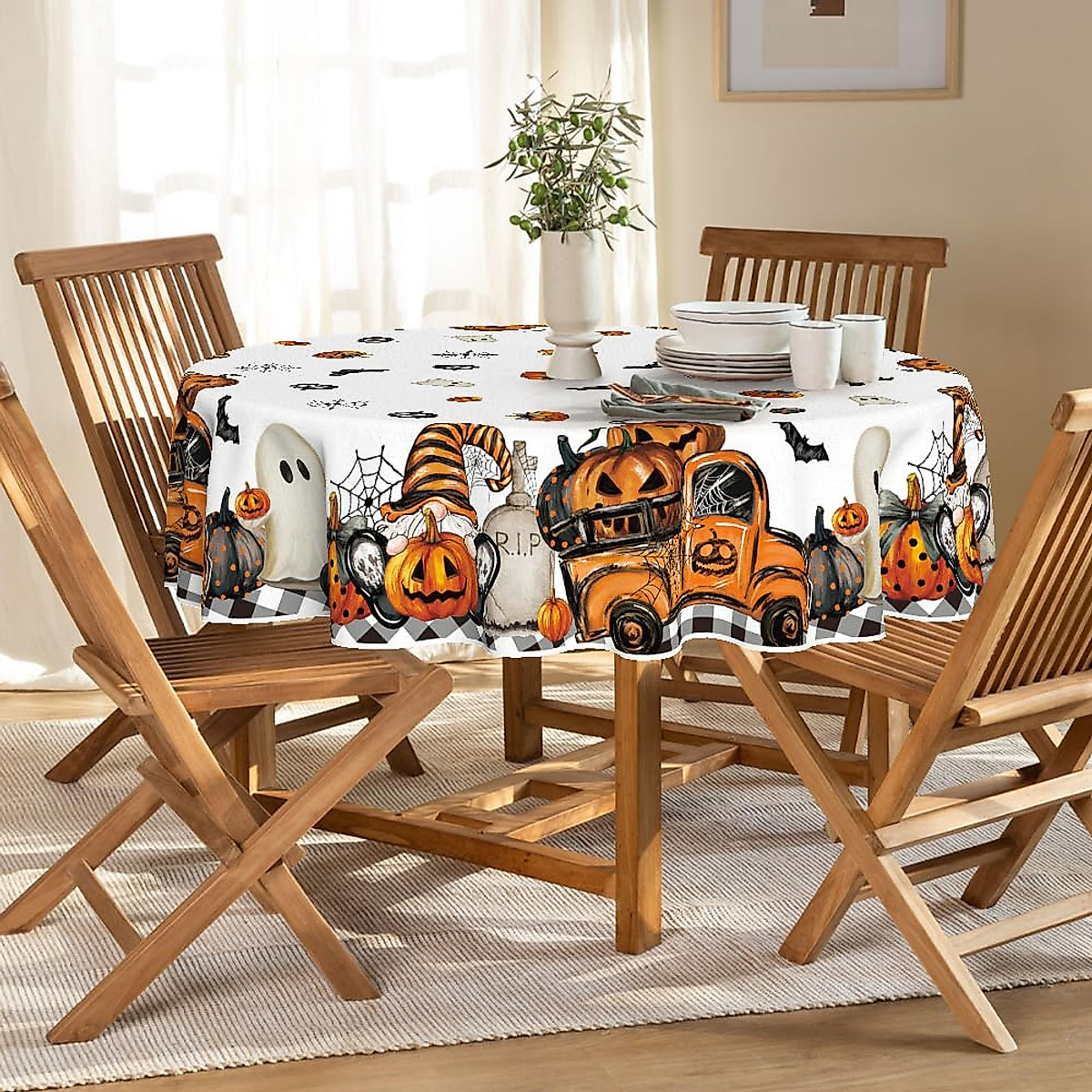 Horaldaily Halloween Tablecloth 70x70 Inch Round, Ghost Pumpkin Washable Table Cover for Party Picnic Dinner Decor