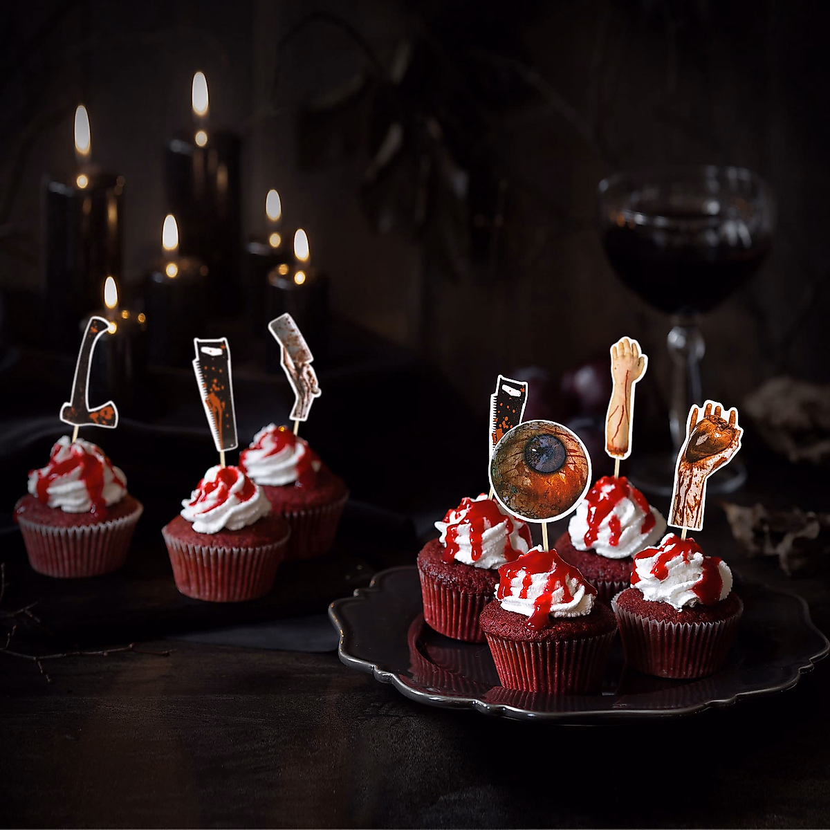 Gyufise 36Pcs Horror Halloween Cupcake Toppers Bloody Eyes Hand Vampire Zombie Party Knife Cake Topper Decorations for Halloween Horror Movie Theme Birthday Baby Shower Supplies