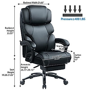 KCREAM High Back 400LBS Leather Executive Chair Reclining Office Chair with Footrest Heavy Duty Metal Base & Linkage Armrests Computer Task Chair 360° Swivel Leather Executive Desk Chair (Black)