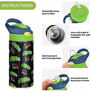 Stainless Steel Water Bottle for kids- 12 Ounce Stainless Steel Vacuum Insulated Water Bottle for Kids children,Double Wall Vacuum Insulated Bottles (Garbage Truck Trash Recycling)