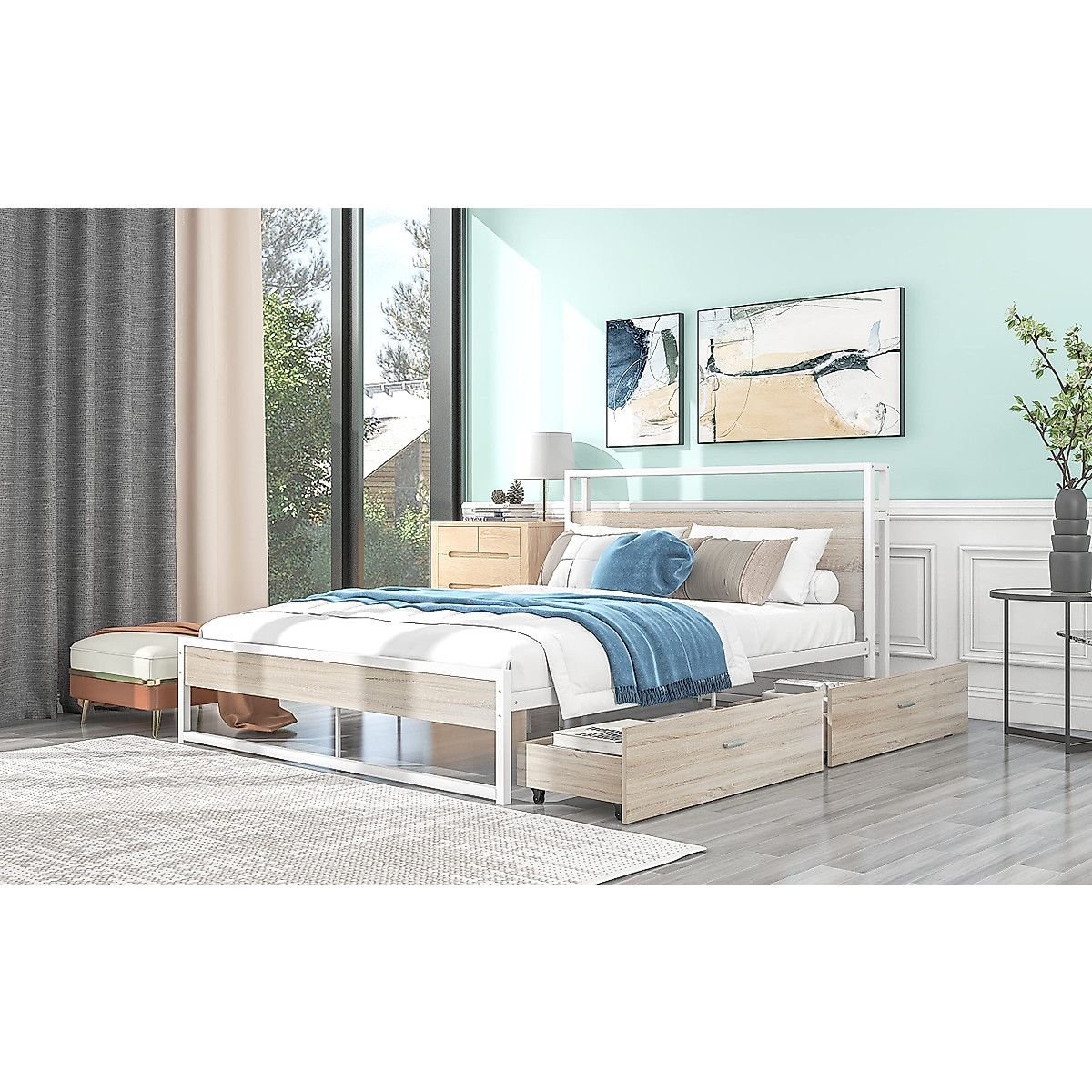 Metal Bed Frame Queen with Two Drawers Queen Size Storage Bed with Sockets, USB Ports and Slat Support for Living Room Bedroom,No Box Spring Needed/Easy Assembly (White)