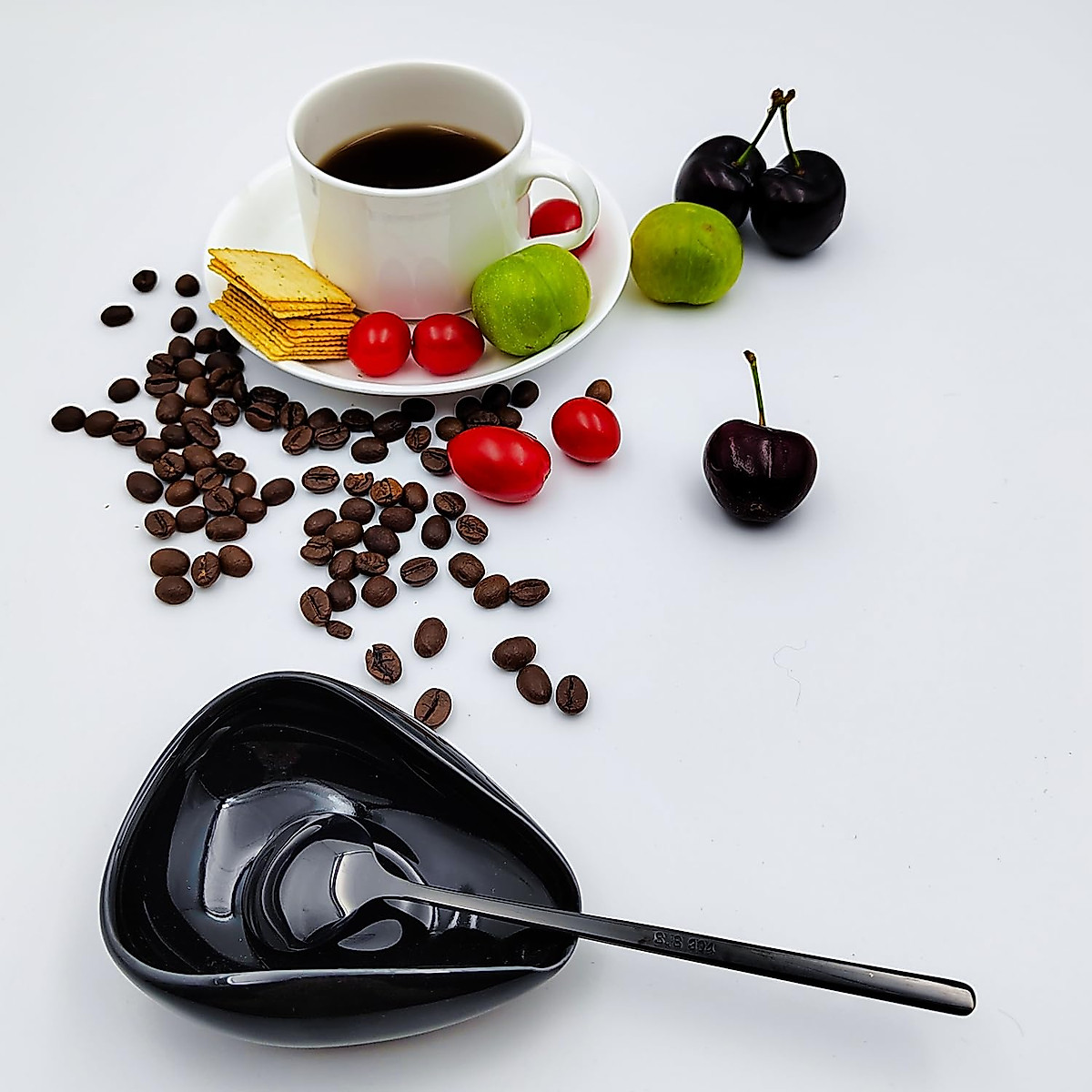 Coffee Spoon Rest, Mini Coffee Spoon Holder, Small Ceramic Spoon Rest for Coffee Stirrers, Teaspoon, Bar Spoon, Coffee Bar Accessories, Coffee Station (Ture black+Black Spoon) (Ture black+black Spoon)