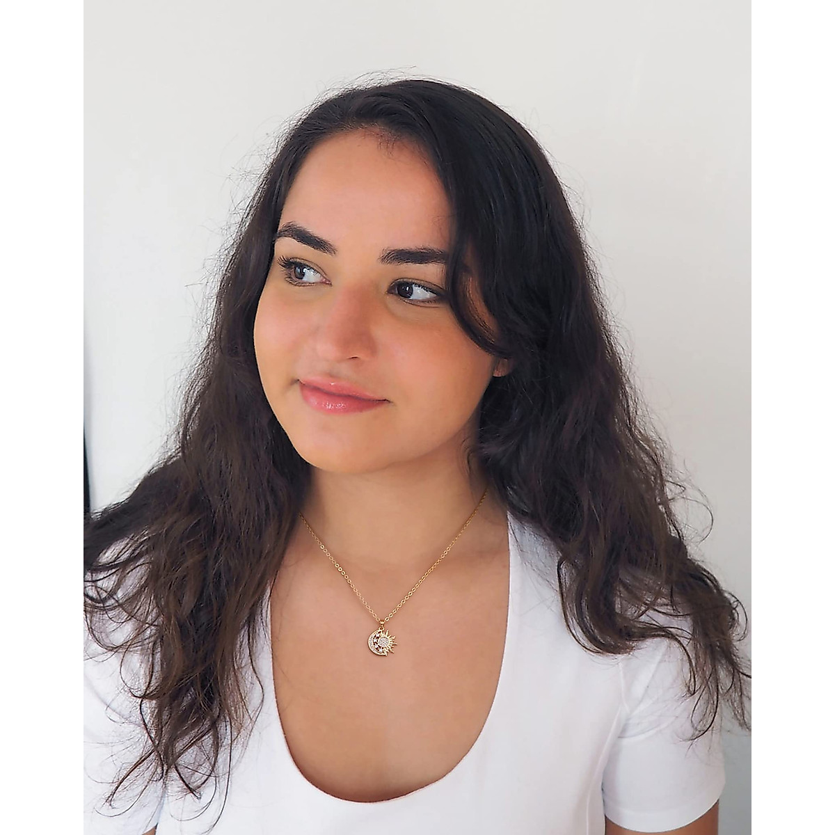 PERNNLA PEARL 18K Gold Cresent Moon Star Sun Pendant Necklaces for Women Dainty Celestial Coin Cute Necklace Layered Chain Necklaces Women Jewelry 18”