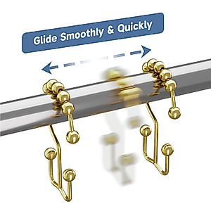 Titanker Gold Shower Curtain Hooks Rings, Rust-Resistant Metal Double Glide Shower Hooks Rings for Bathroom Shower Curtains Rods, Set of 12 Hooks - Gold