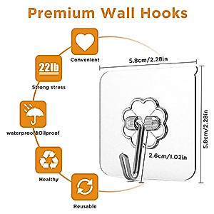 SIAWASE Adhesive Hooks, 22lb(MAX)Heavy Duty Transparent Wall Hooks,Nail Free Sticky with Stainless Hooks,Waterproof,Suitable for Kitchen,Bathroom,Home and Office-24PCS