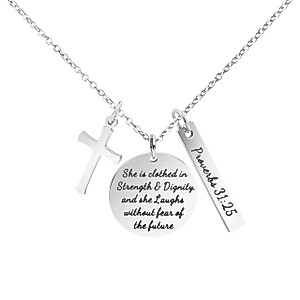 Memgift Christian Necklace Stainless Steel Cross Pendant Jewelry for Women She is Clothed in Strength and Dignity and She Laughs without Fears of the Future