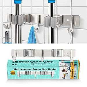 FULGENTE Broom Mop Holder Wall Mount Stainless Steel 304 Storage Organizer Heavy Duty Tools Hanger for Kitchen Bathroom Closet Garage Office Garden with 2 Racks 3 Hooks