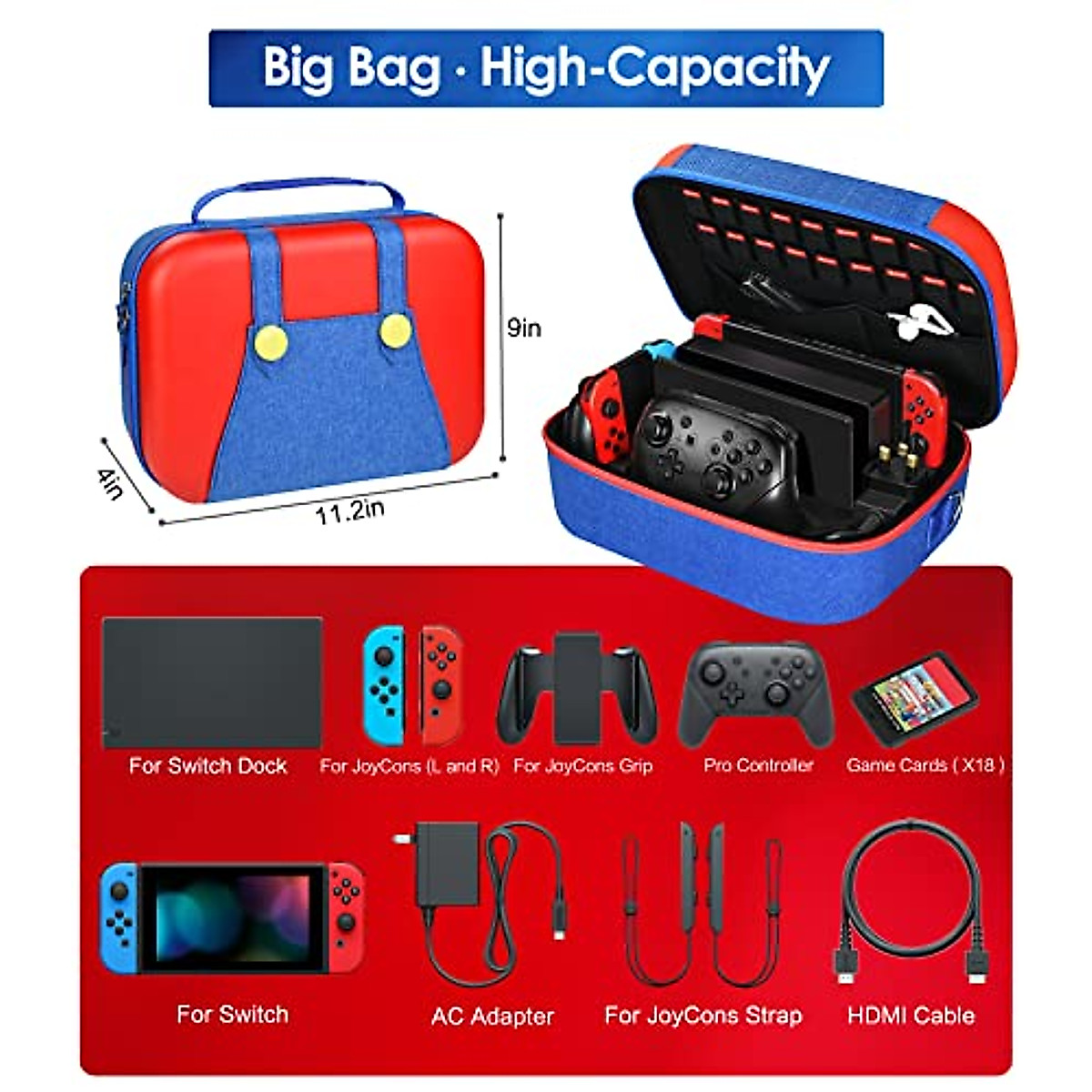 iVoler Carrying Storage Case for Nintendo Switch/Switch OLED Model,Portable Travel All Protective Hard Messenger Bag Soft Lining 18 Games for Switch Console Pro Controller & Accessories Red+Blue