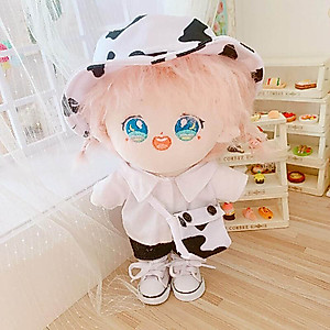 niannyyhouse Cow Clothes Suit 20cm(7.8in) Plush Doll Clothes Fisherman's Hat Denim Shorts White Shirt Doll Dressup(White)