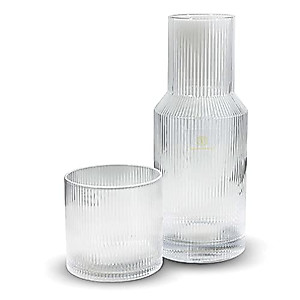 Bruno Magli Ribbed Carafe | 2-Pc Set | Drinking Glass Tumbler Doubles as a Lid | Elegant Nightstand Water Pitcher with Matching Cup for Office, Home, & Guest Room Décor | Gift Boxed (Clear)