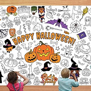 FATHER.SON Halloween Coloring Tablecloth for Kids, 47x70 Inches Drawing Poster for Boys Girls, Halloween Birthday Table Cover Decorations Party Supplies, Pumpkin Bat Ghost Paper Painting Mats