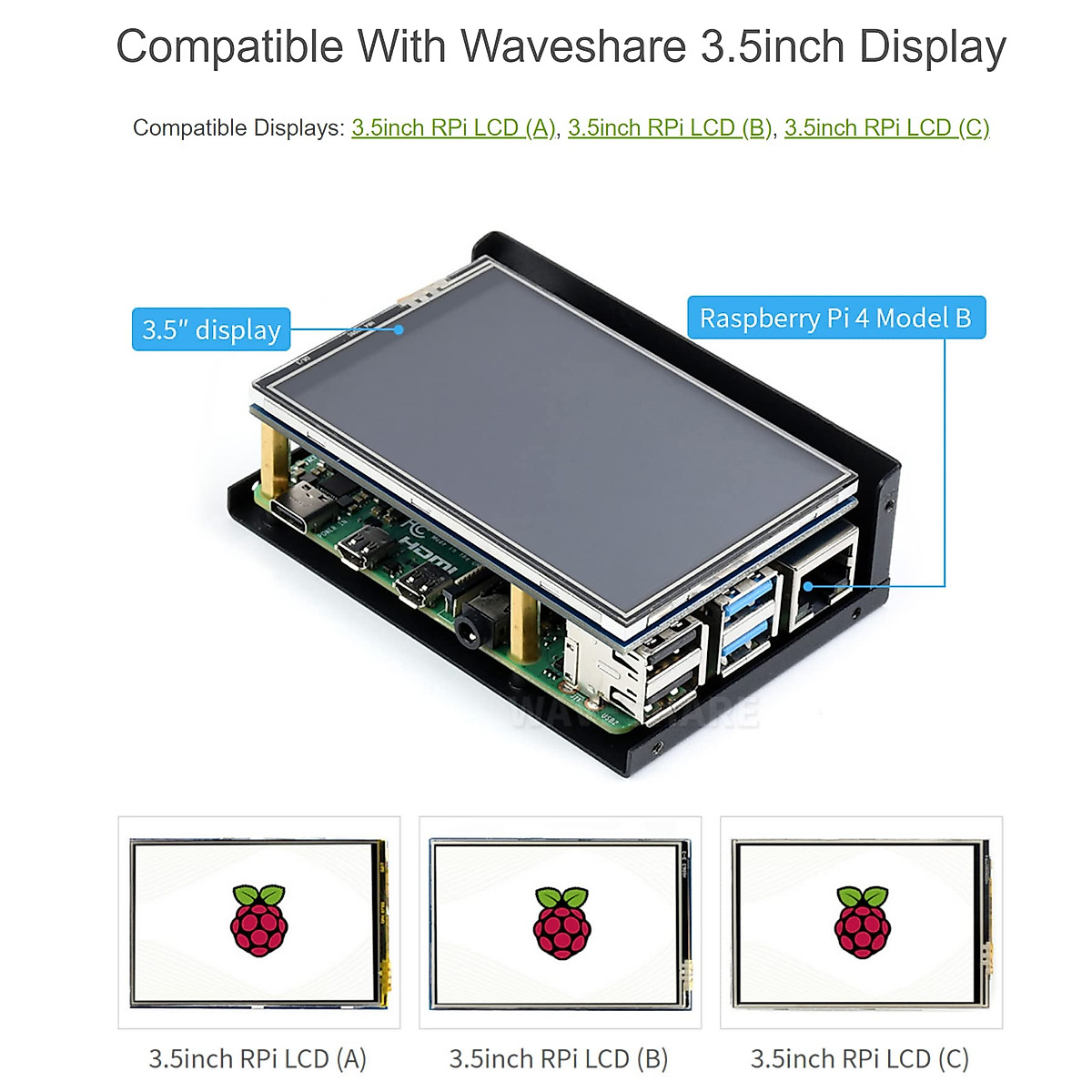 waveshare 3.5inch Display Aluminum Case for Raspberry Pi 4B, Compatible 3.5inch RPI LCD, with Heatsinks for Better Cooling, Precise Opening Design