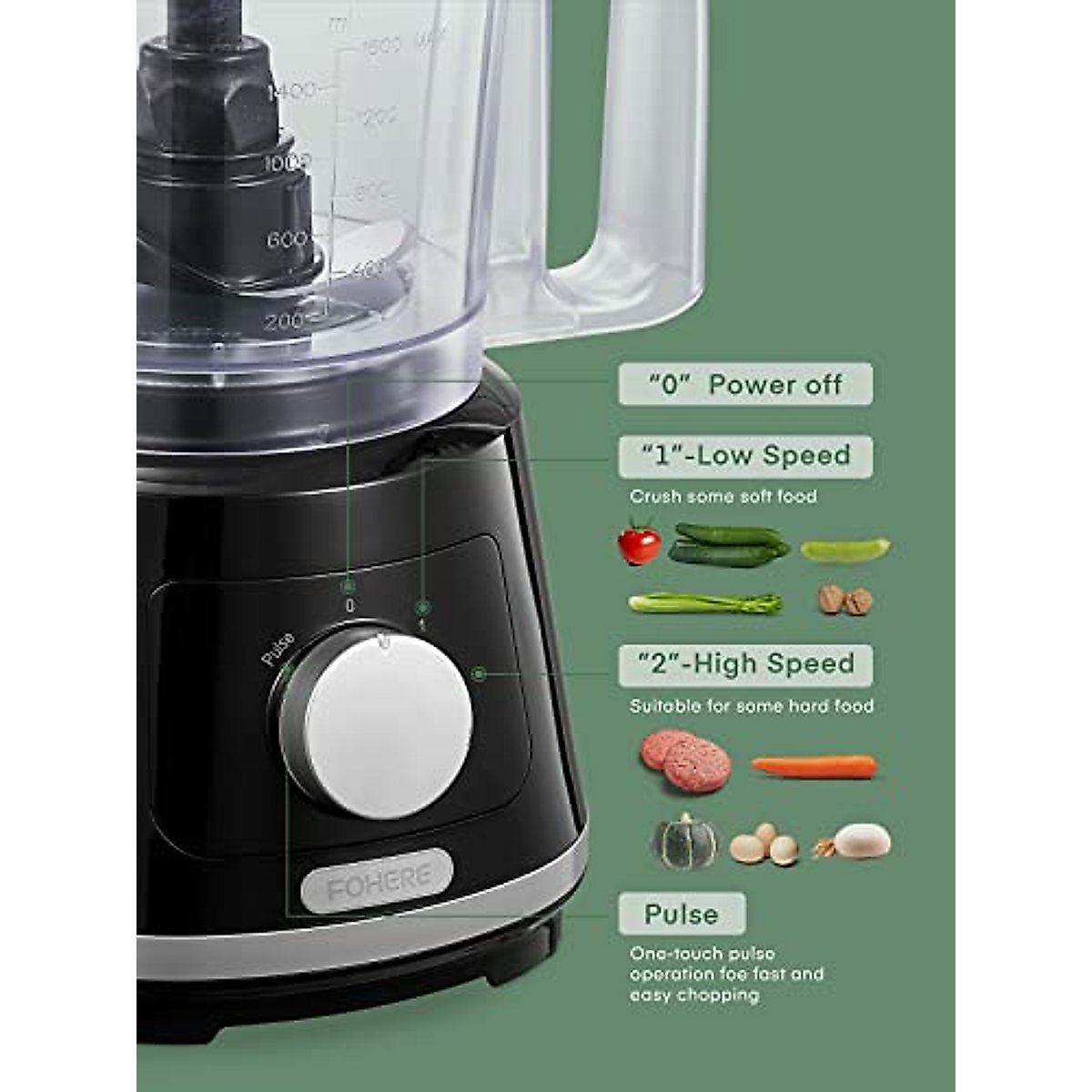 FOHERE Food Processor 8 Cup Food Chopper With Five Stainless Steel & BPA Free Accessories - Chopping, Slicing, Shredding and Whisking, 2 Speeds and Pulse Function, Black