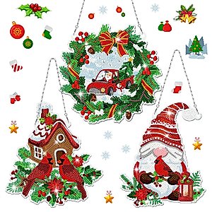 Sintuff 3 Pcs 5D Sunflowers Gnomes Bee Diamond Painting Kits Hanging Honeybee Dwarf Sunflowers DIY Round Diamond Art Kits Gnome Diamond Painting Kits for Art Adults Beginners DIY Home Wall (Garland)