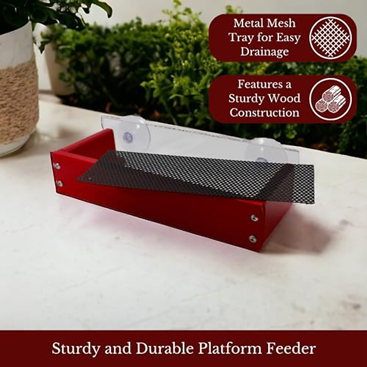 Backyard Essentials Standard Red Window Feeder with Strong Suction Cups, Platform Tray Bird Feeder