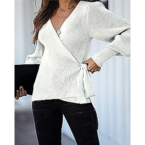 KIRUNDO 2023 Women's Fall Winter Wrap V Neck Sweater Balloon Sleeves Ribbed Knitted Pullover Tie Front Tunic Top Jumper(Small, Beige)