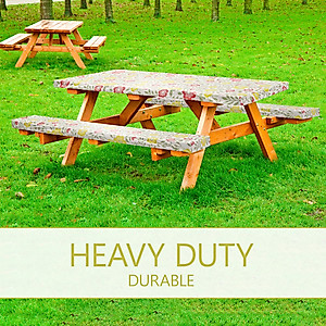 LINPRO 6ft Fitted Picnic Table Cover with Bench Covers. Vinyl Outdoor Camping Picnic Tablecloth, 3 Piece Set Camping Gear. Waterproof, Stain Resistant, Reusable. Flannel Backing with Elastic Edges.72