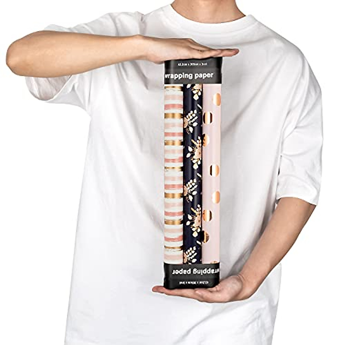 MAYPLUSS Wrapping Paper Roll - Mini Roll - 17 inch X 120 inch Per roll - Pink Polkas Dots, Stripe & Black Floral Design (42.3 sq.ft.ttl)