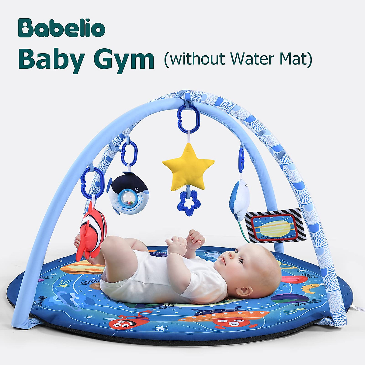 Babelio Baby Gym Mat & Tummy Time Water Mat 2 in 1, 3 Different Assembly Methods, 6 Activity Play Mat Toys, Sensory Development and Fun Experience for Infant, 33.5" x 33.5"