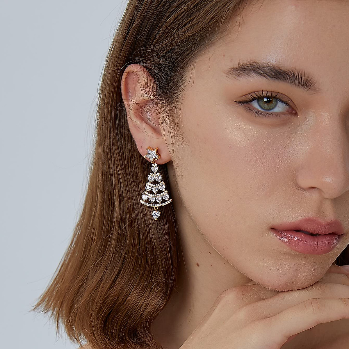 PICKBEAU Tassel Crystal Christmas Tree Hoops for Women 925 Silver Post Rhinestone Xmas Drop Earrings for Christmas Party Favors