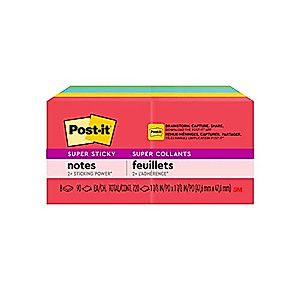 Post-it Super Sticky Notes, 2 in x 2 in, 8 Pads, 2x the Sticking Power, Playful Primaries Collection, Primary Colors (Red, Yellow, Green, Blue, Purple), Recyclable (622-8SSAN)