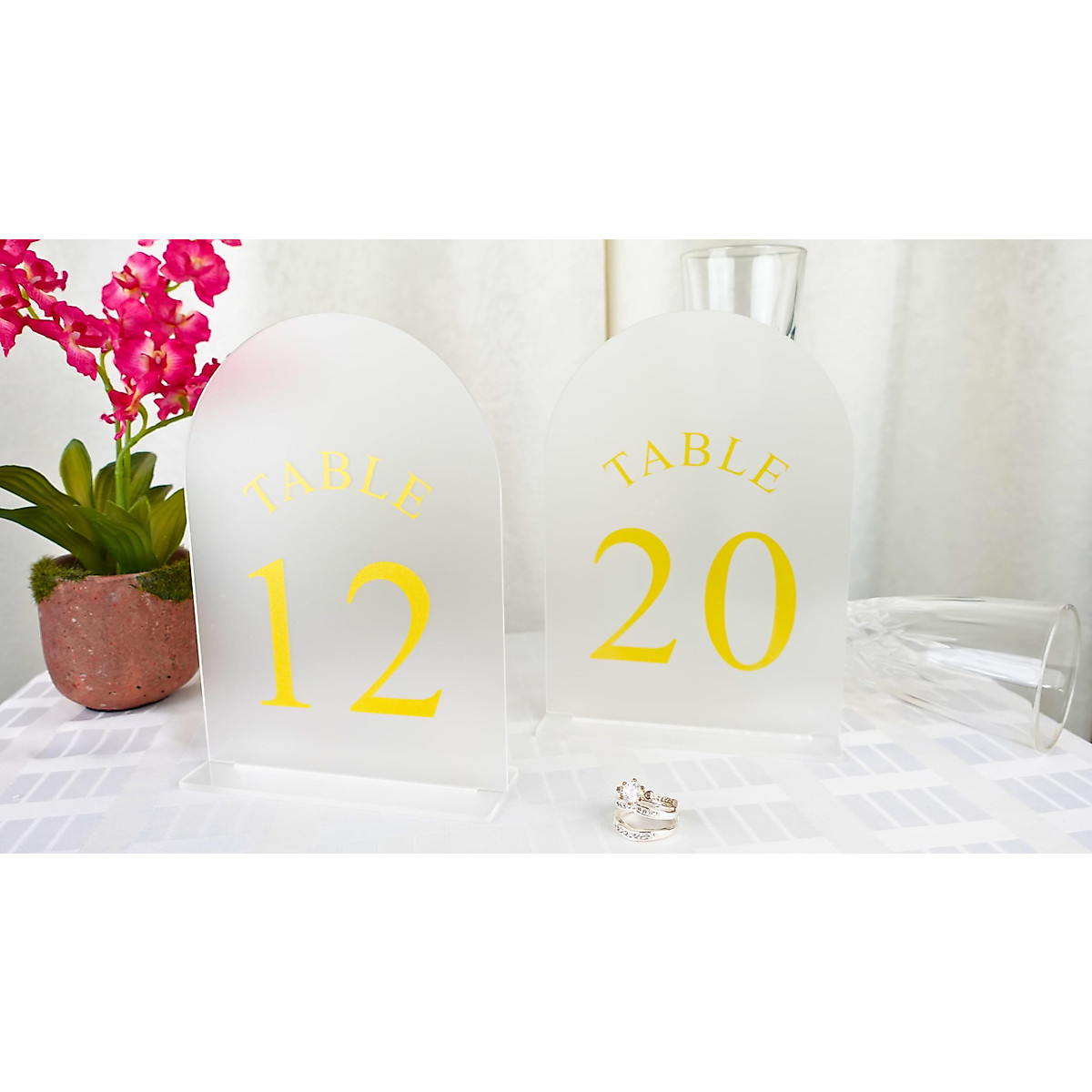 Exclusive Housewares, Frosted Arch Wedding Table Numbers with Stands 1-20, Frosted Gold Font 5x7 Acrylic Signs and Holders, Perfect for Wedding Reception, Anniversary, Party, Decoration, Event