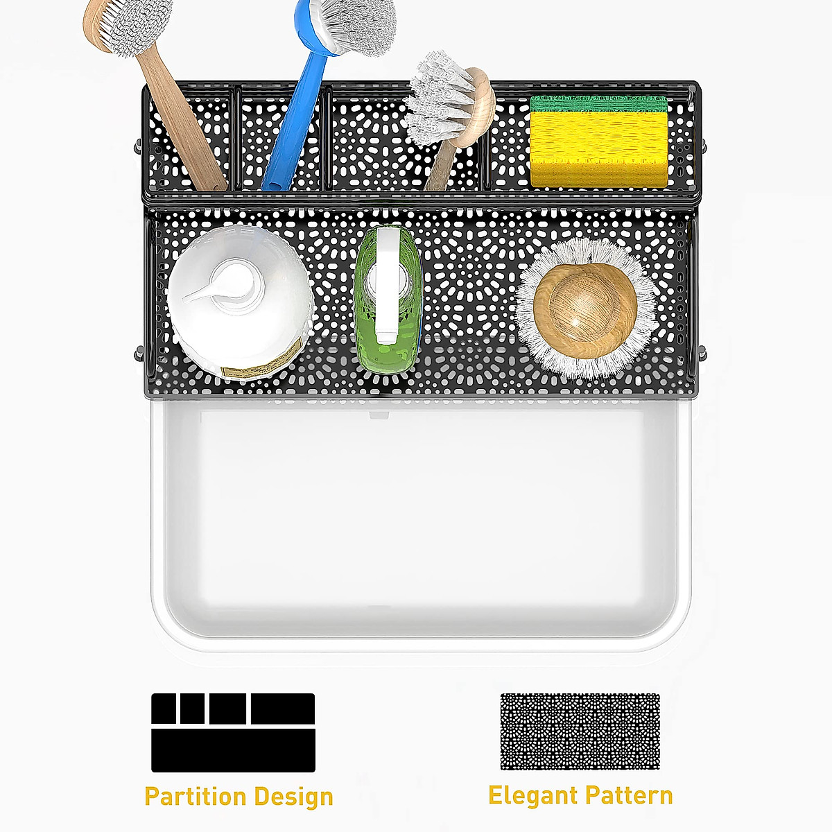 Cisily Sponge Holder Kitchen Sink Caddy Organizer, Rustproof Sponge Holder for Kitchen Sink, Non-Slip Soap Dish Dispenser Brush Holder Storage, Home & Kitchen Essentials Accessories（Matte Black）