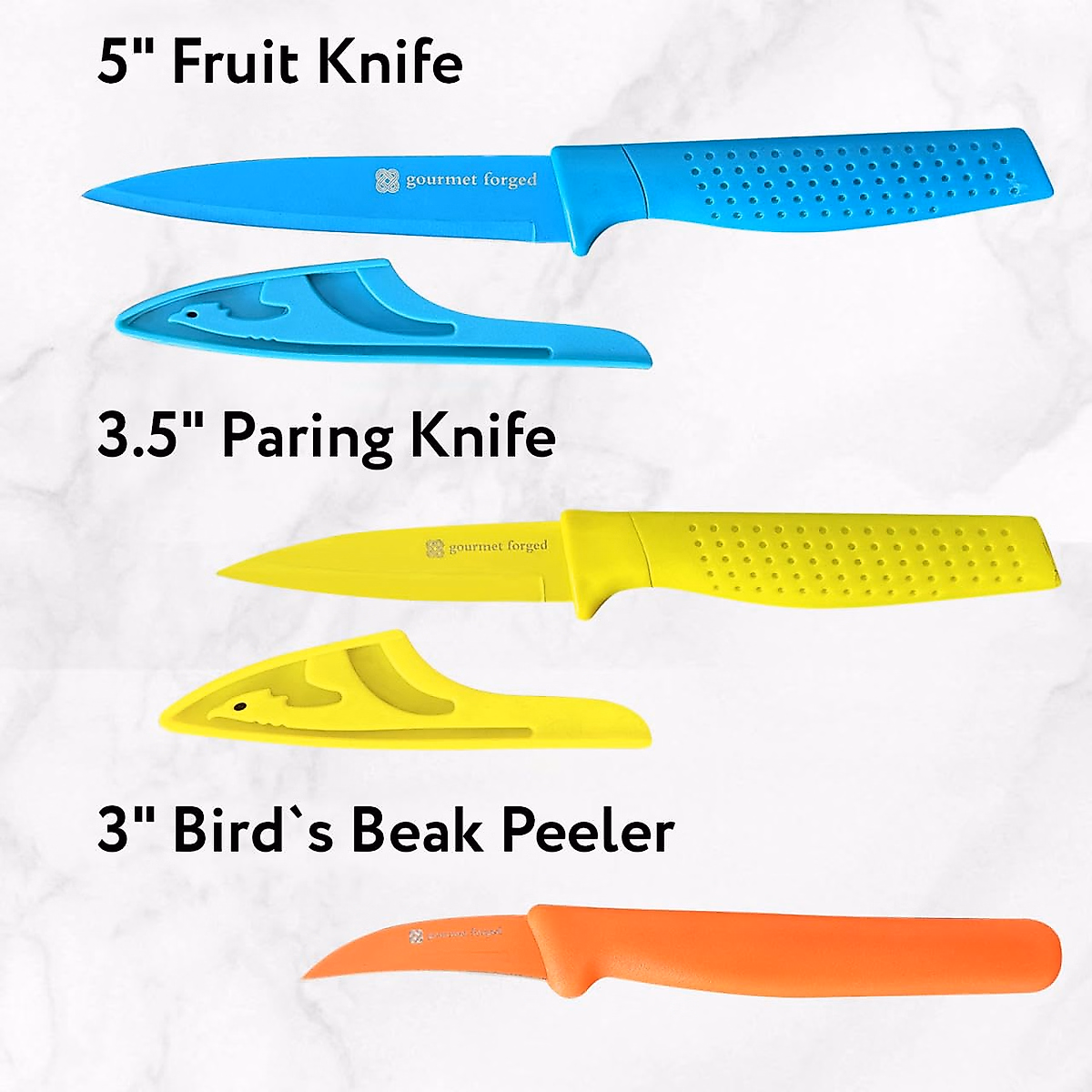 Gourmet Forged ColorSlice 3 PC Color-Coded Paring Knife Set. 5" Fruit Knife, 3.5" Paring, 3" Bird Beak Hook Peeler Curved Non Stick Dishwasher Safe Knives Sharp Stainless Steel Anti Rust