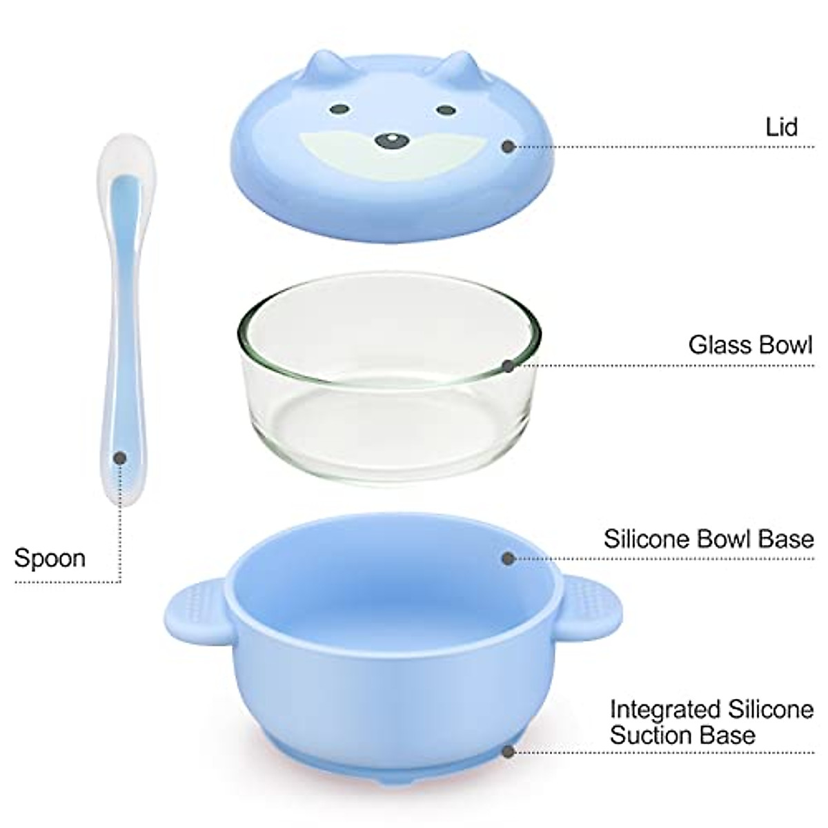 MAISON HUIS Baby Bowls with Suction for Toddlers, Silicone Bowls and Spoon Set for Babies Glass Bowl with Lid BPA Free Baby Led Weaning Supplies and Kids First Stage Feeding(Blue)