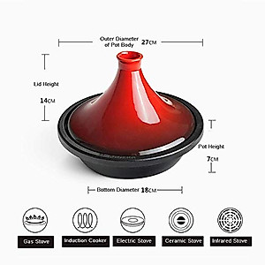 Thickened Cast Iron Tagine Pot, with Gloves Potholder, for Different Cooking Styles and Temperature Settings, Enameled Tajine, Oven Safe Dish Clay / 27cm with Thermal Board/Red