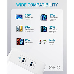 USB C Wall Charger, EHO 40W(20W Max Each) Dual USB C Charger, 20W Fast Charger Power Adapter Compatible with MacBook Air, iPhone 13/12, MagSafe Wireless Charger/MagSafe Duo Charger Galaxy S21, White