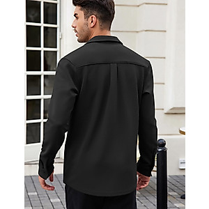 COOFANDY Men's Wrinkle Free Button Down Shirt Long Sleeve Trucker Overshirt Casual Autumn Jacket with Single Pocket Black