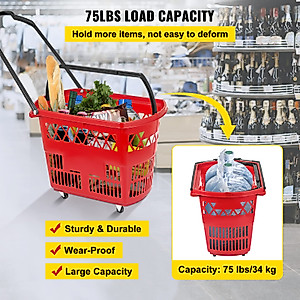 Mophorn 6PCS Shopping Carts, Plastic Rolling Shopping Basket with Wheels, Red Shopping Baskets with Handles, Portable Shopping Basket Set for Retail Store