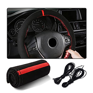 AUCELI Car Steering Wheel Cover, 15 Inch Durable Genuine Leather Stitch On Wrap Steering Wheel Protector for Women Men, Universal Auto Interior Accessories Suitable for Most Models