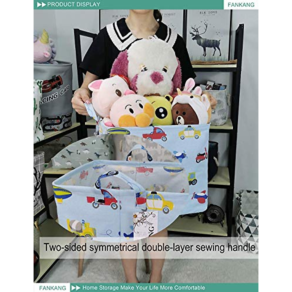 FANKANG Storage Bins Nursery Hamper Canvas Laundry Basket Foldable with Waterproof PE Coating Large Storage Baskets Gift Baskets for Kids, Office, Bedroom, Clothes,Toys (Cars)
