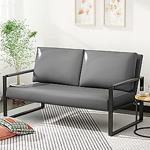 Lamerge Mid-Century Modern Leather Loveseat, 2-seat Loveseat Sofa Couch,Living Room Loveseat Metal Armchair Accent Chair,Upholstered Sofas for Small Space,Bedroom, Apartment,Easy-Assembly, Grey