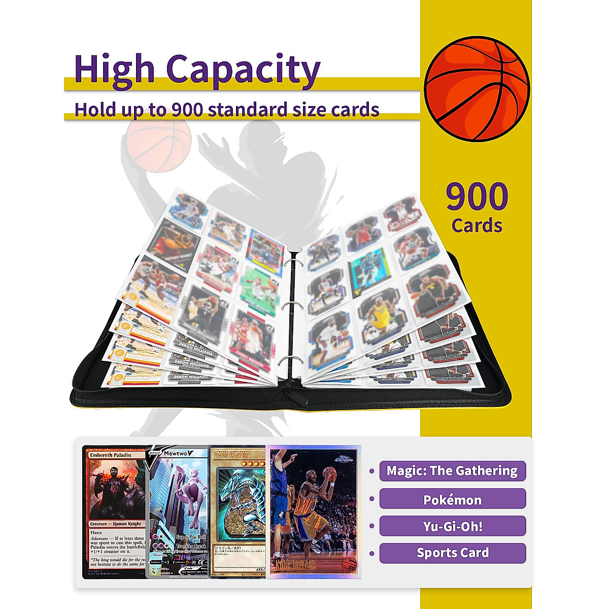 Basketball Trading Card Binder, Fit 900 Sport Cards 3 Ring Binder Book with 50 Binder Sheets, 9 Pocket Card Sleeves Album for Birthday Christmas New Year Gift for All Cards Collectors (BSK001)