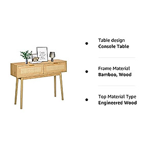 LAZZO 39" Console Table, Oak Grain Sofa Table with Wood Frame, Rustic Hallway Table with 2 Bamboo Weaving Storage Drawers for Foyer Living Room Entryway